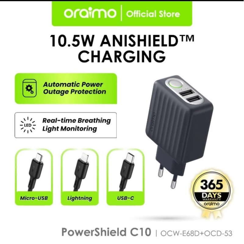 Oraimo Charger Dual Port 10.5W OCW-E68D AniShield Outage Protection ...
