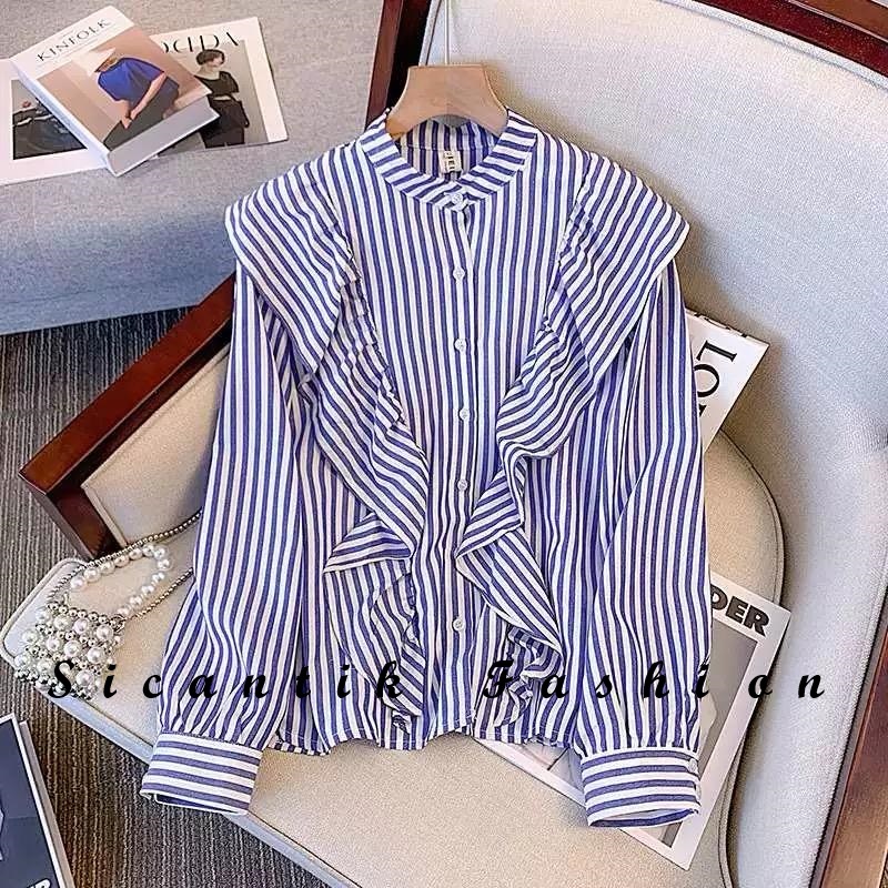 KEMEJA Women's Striped Shirt/Beautiful Ruffle Blouse | Shopee Malaysia