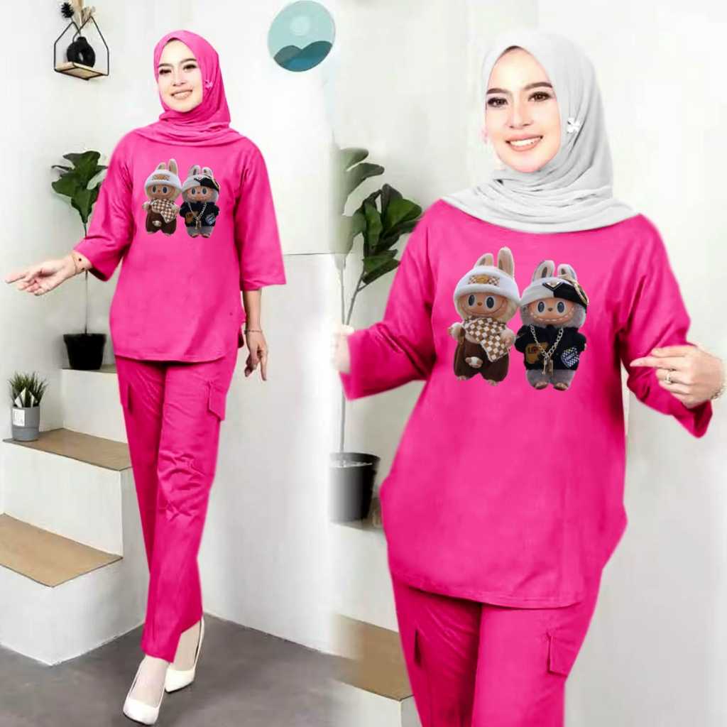 Contemporary Women's Cargo Oneset Labubu Edition Baju Set Seluar ...