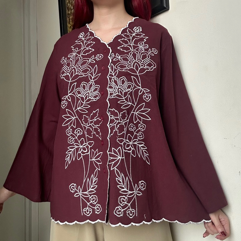 KEMEJA Ravena Top BLK Shirt Blouse cardigan outer Top linen embroidery ...