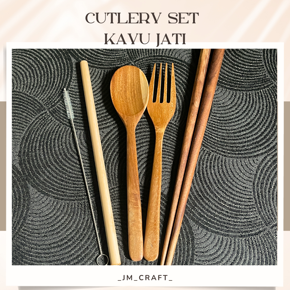KAYU [JM Craft] Teak Wood Cutlery Set (Spoon, Fork, Chopsticks, Straw ...