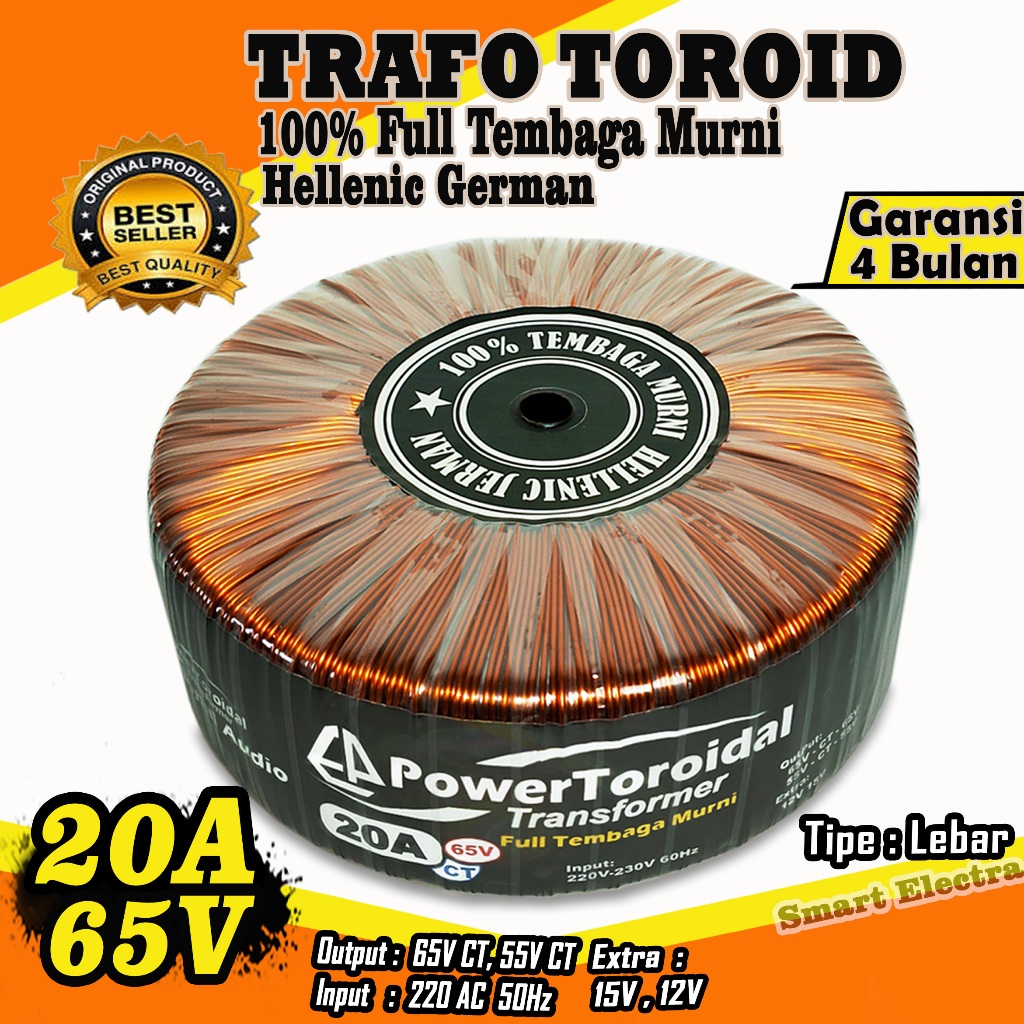 Transformer Toroid 20A 65V CT - 55V CT PURE Full Copper Hellenic ...