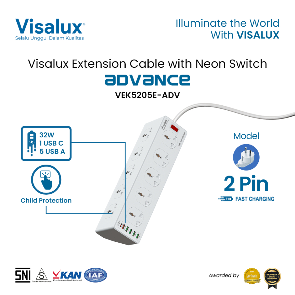 Visalux Extension Cable with Neon Switch Advance (2 Pin) Type C + USB A ...