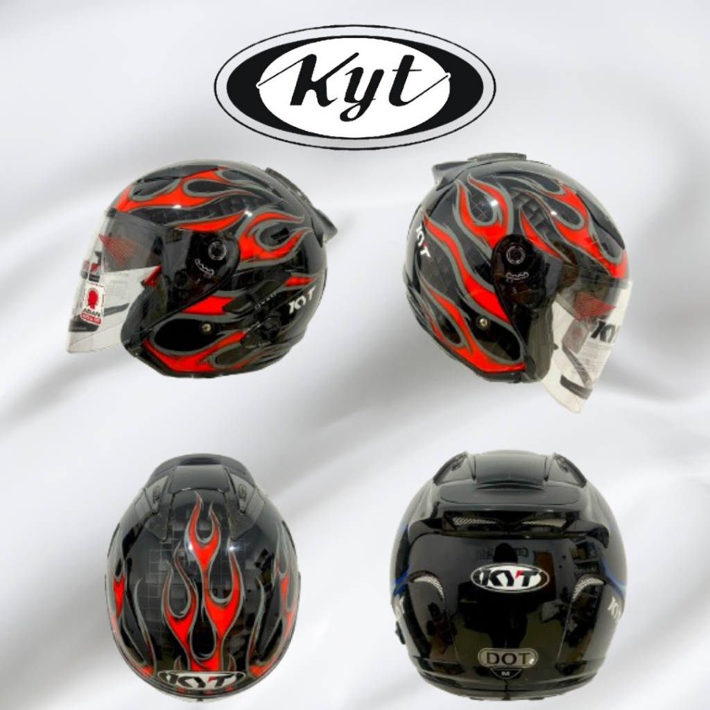 (NEWEST) Kyt GALAXY SLIDE FLAT R HELMET FLAME BLACK RED MOTIF HALF FACE ...