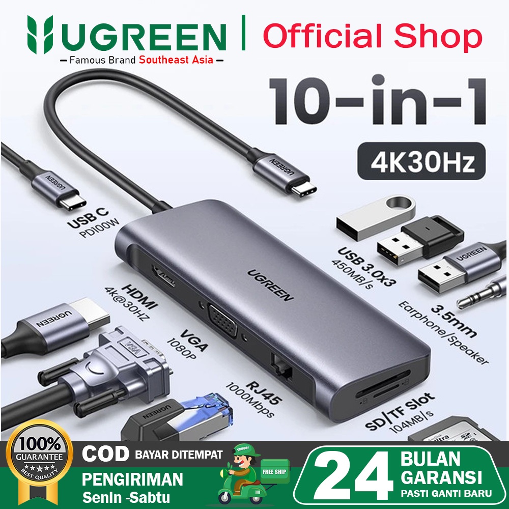 Ugreen Converter Hub Adapter 10 in 1 4K USB Type C 3.1 To USB 3.0 HDMI VGA RJ45 SD/TF Card Aux 3 ...