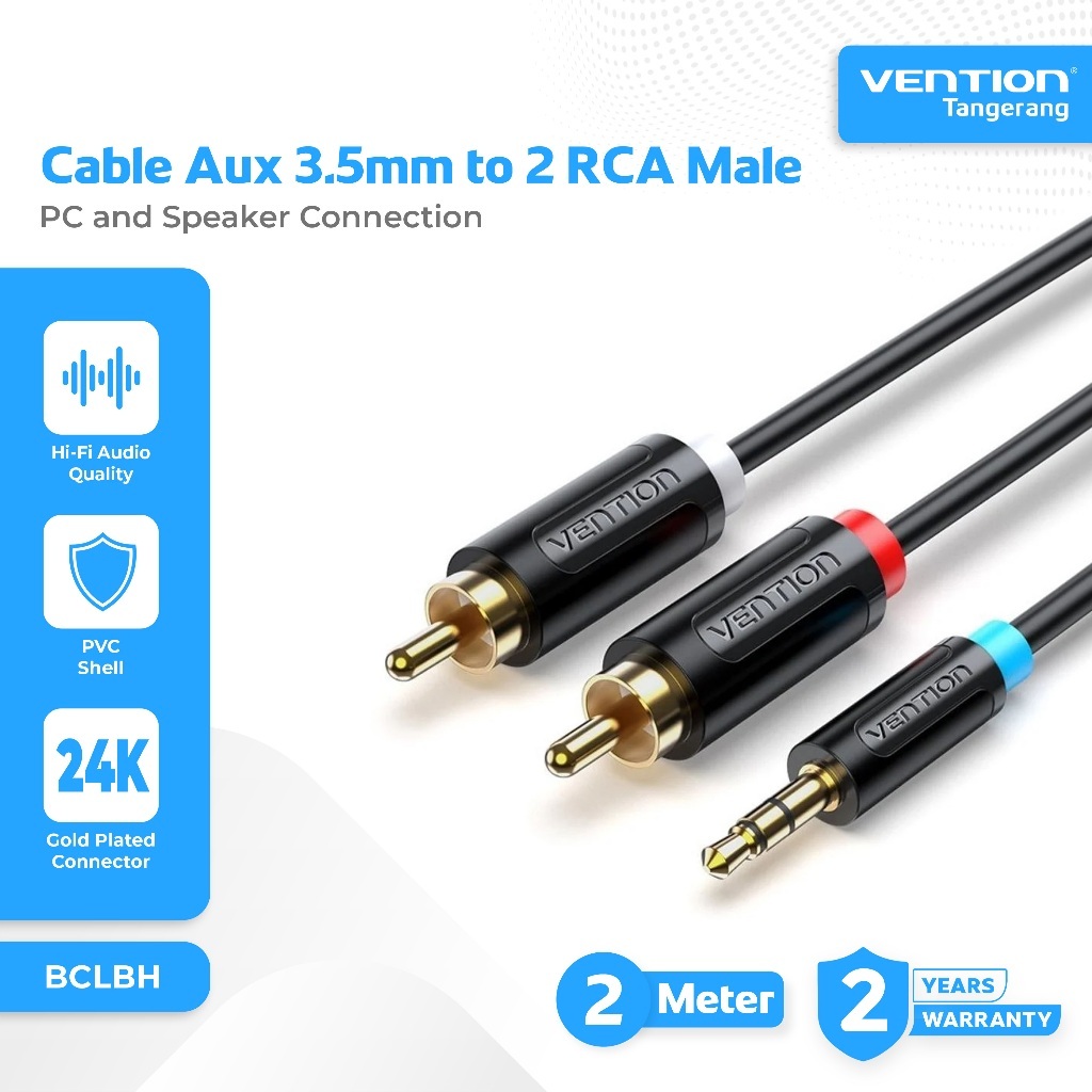 Vention BCLBH Audio Cable Adapter Connector 3.5mm Male to Dual RCA Male 2M 2 Meter for Active ...