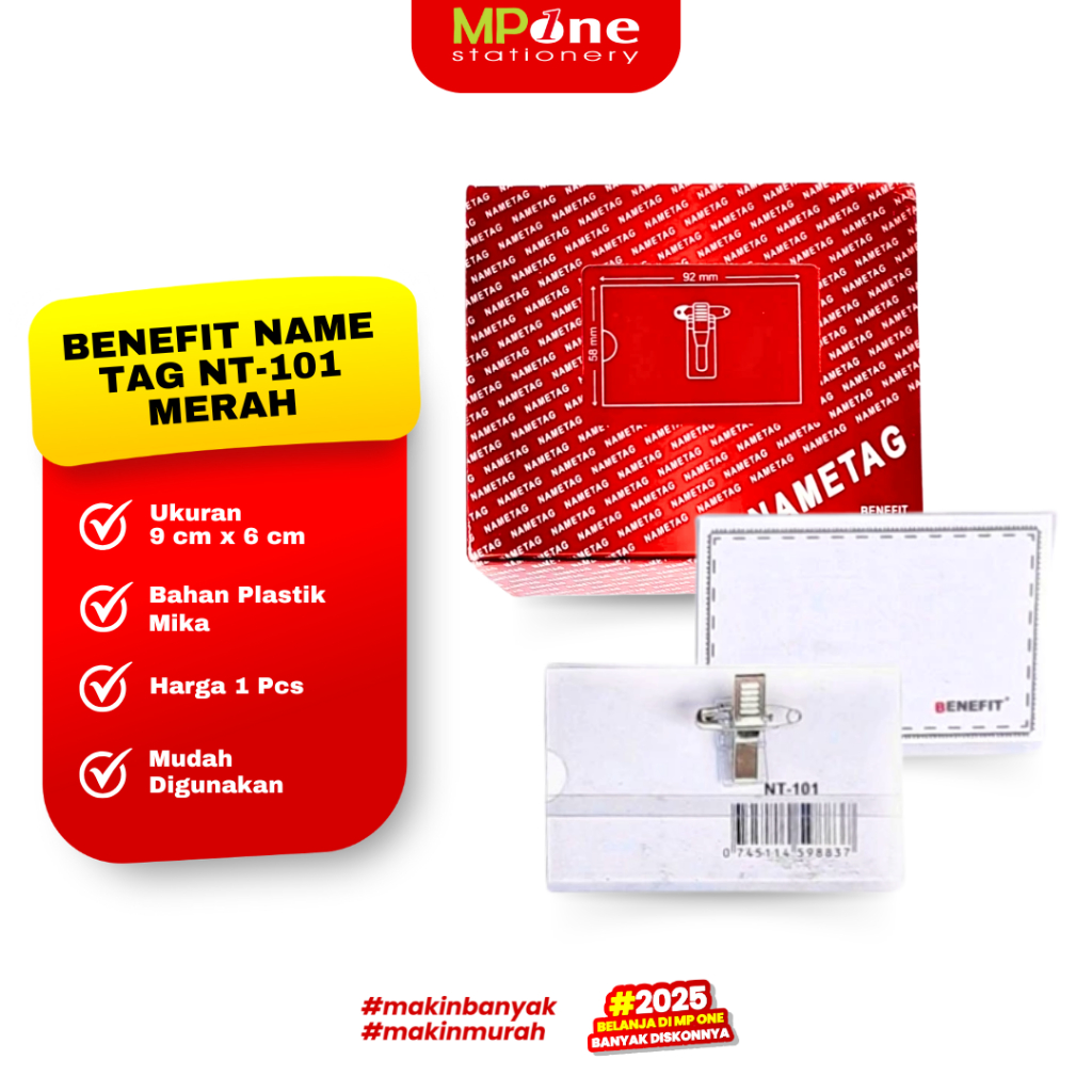 MERAH (1 Pcs) BENEFIT Plastic Name Tag NT-101 / Name Tag Safety Pin ...