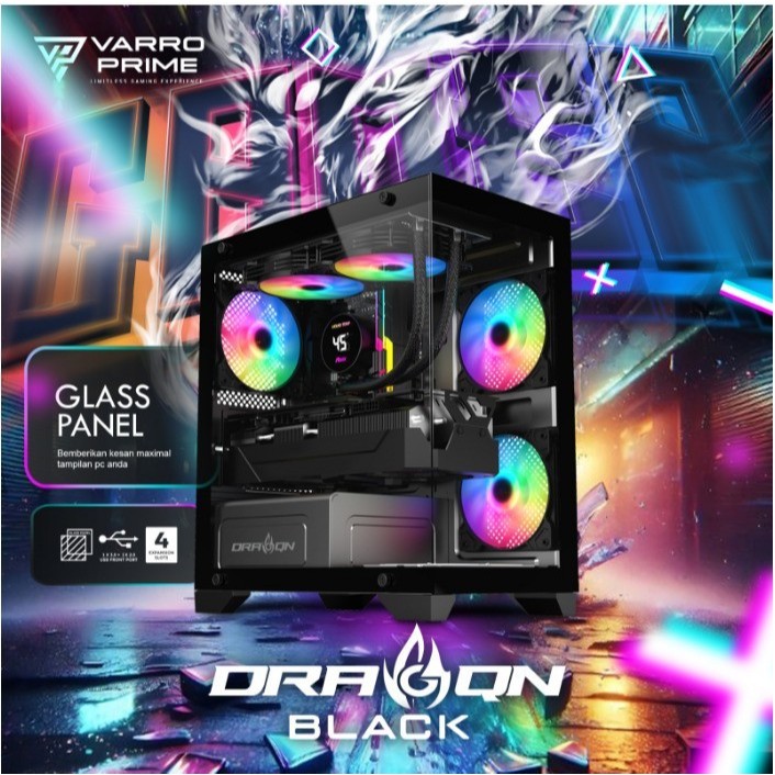 Varro Prime DRAGON Black M-atx Includes 3Fan RGB Gaming PC Case ...