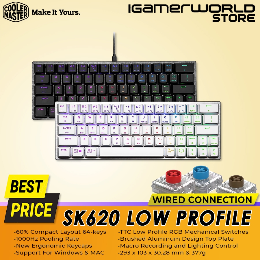 Cooler Master SK620 60% Low-Profile RGB Mechanical Gaming Keyboard ...