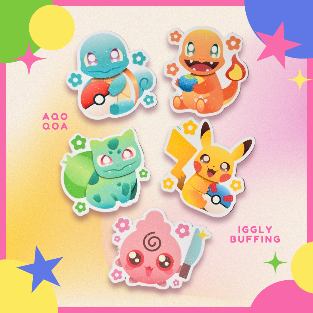 POKEMON Gen 1 Kanto Starters Cute Glitter Stickers! Pikachu, Bulbasaur ...