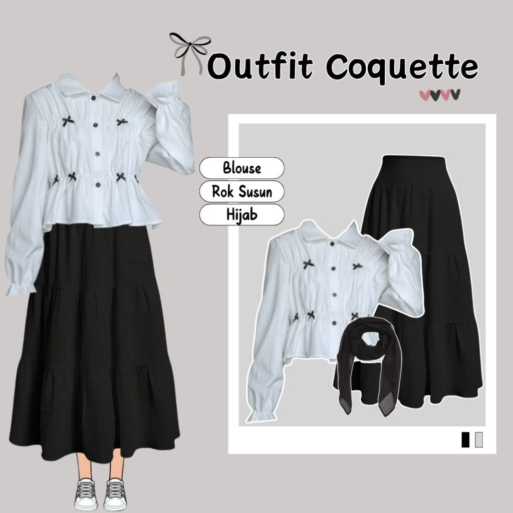 HITAM Contemporary Oufit Women's One Set 3IN1 - Coquette Blouse + Black ...