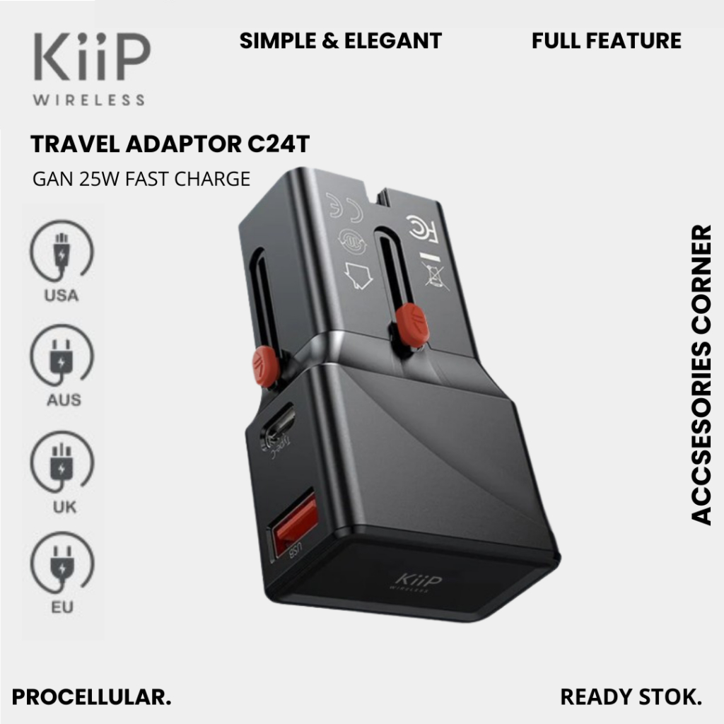 KiiP C24T Travel Charger Universal Adaptor Mini 25W GaN Fast Charging ...