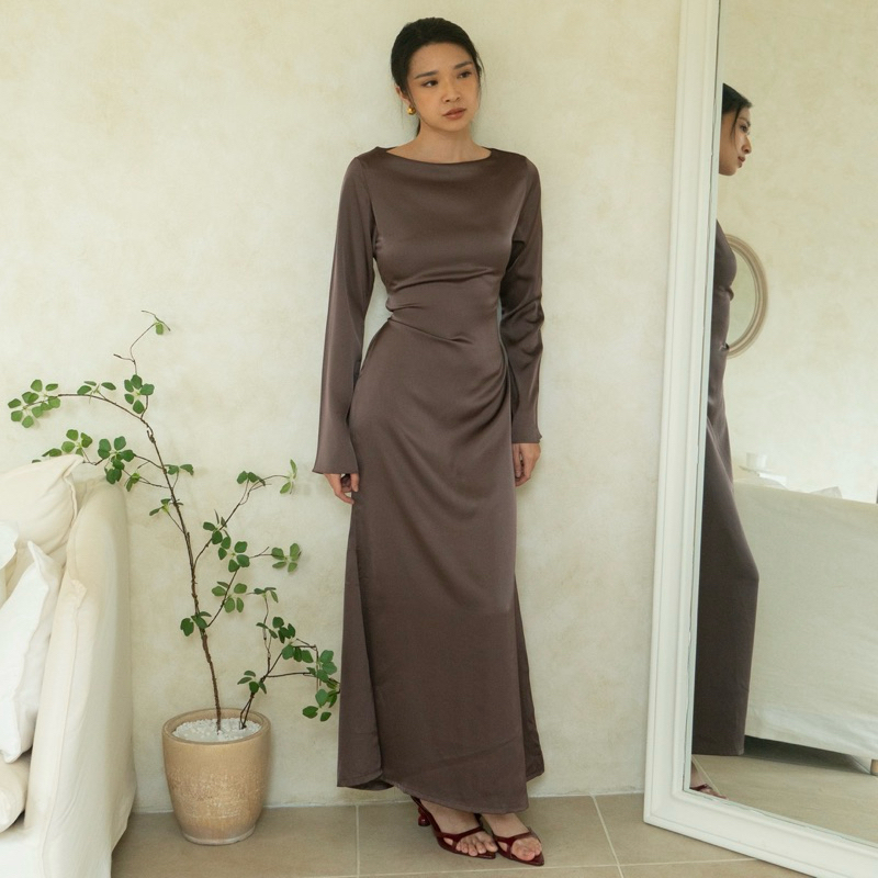 CLEA DRESS | ROOHA | Basic Satin Long Dress Women's Long Sleeve ...