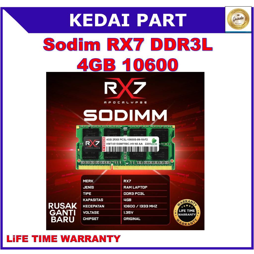 Ram LAPTOP RX7 DDR3L 4GB 10600 Mhz 1.35V GUARANTEE LIFE TIME WARRANTY ...