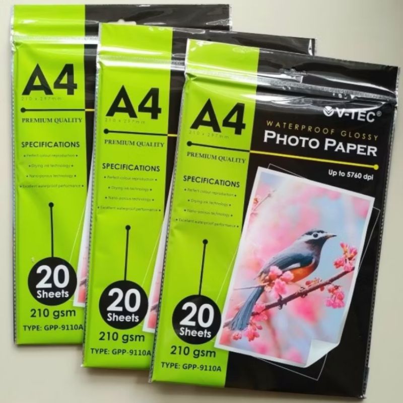 Waterproof GLOSSY PHOTO PAPER A4 210 GSM V-TEC - 20 SHEETS | Shopee ...