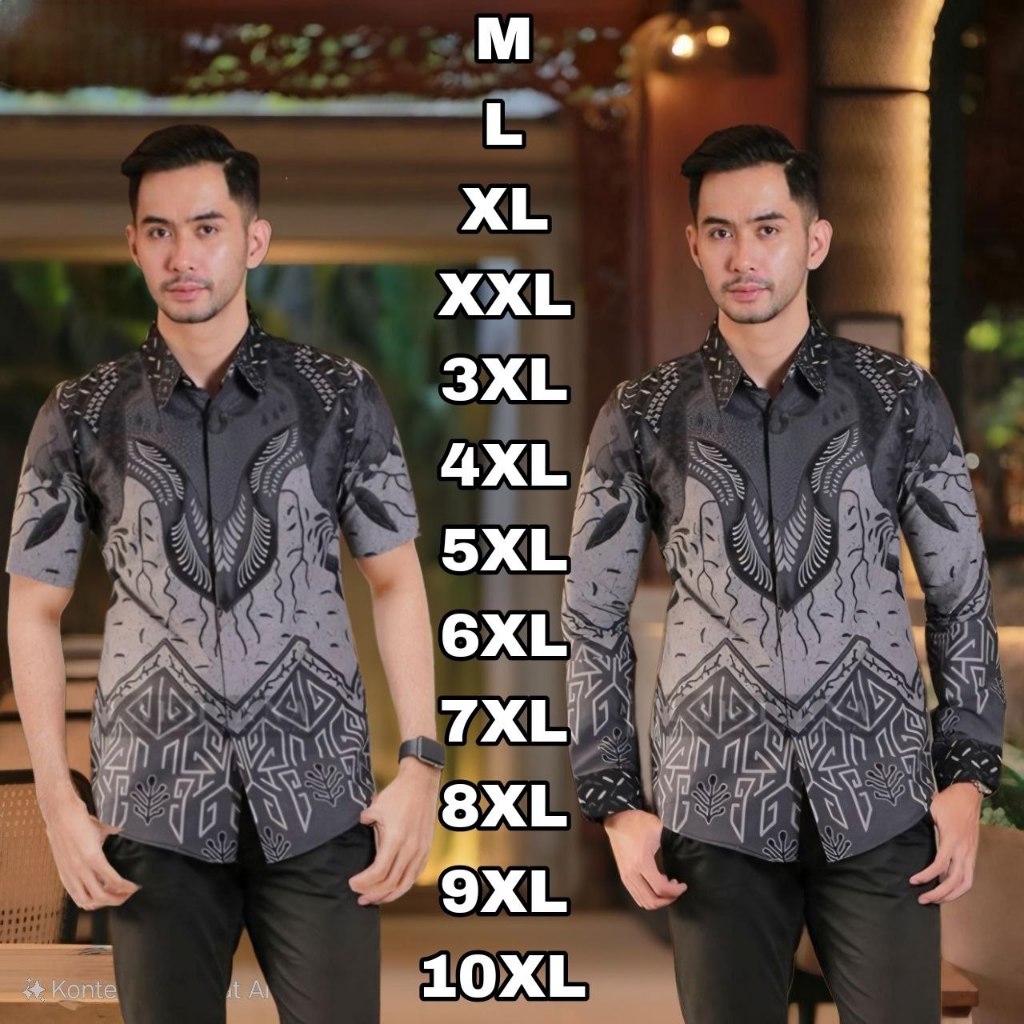 KEMEJA MEN'S BATIK SHIRT SILVER GRAY TIE JUMBO SIZE BIG SIZE M L XL XXL 3XL 4XL 5XL 6XL 7XL 8XL ...