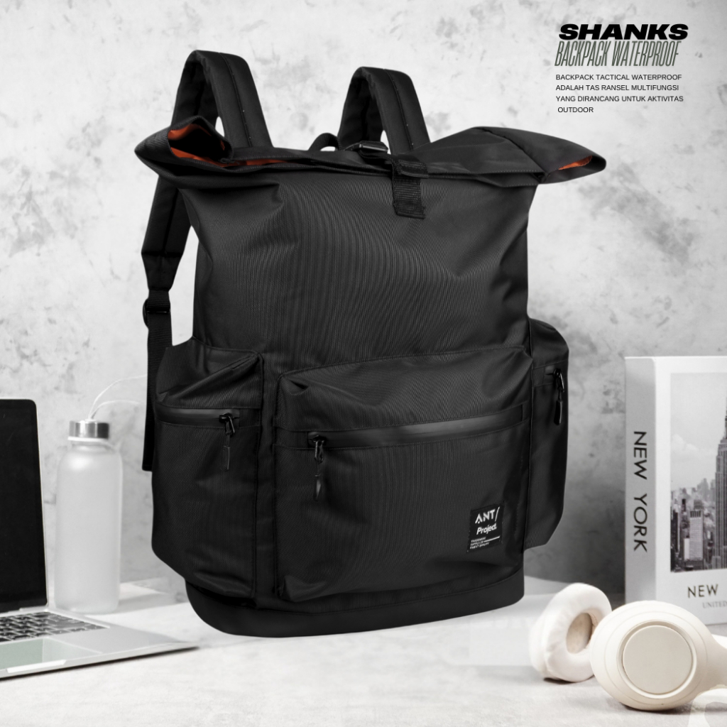 ANT PROJECT - SHANKS Casual Full Black Waterproof Backpack | Shopee ...