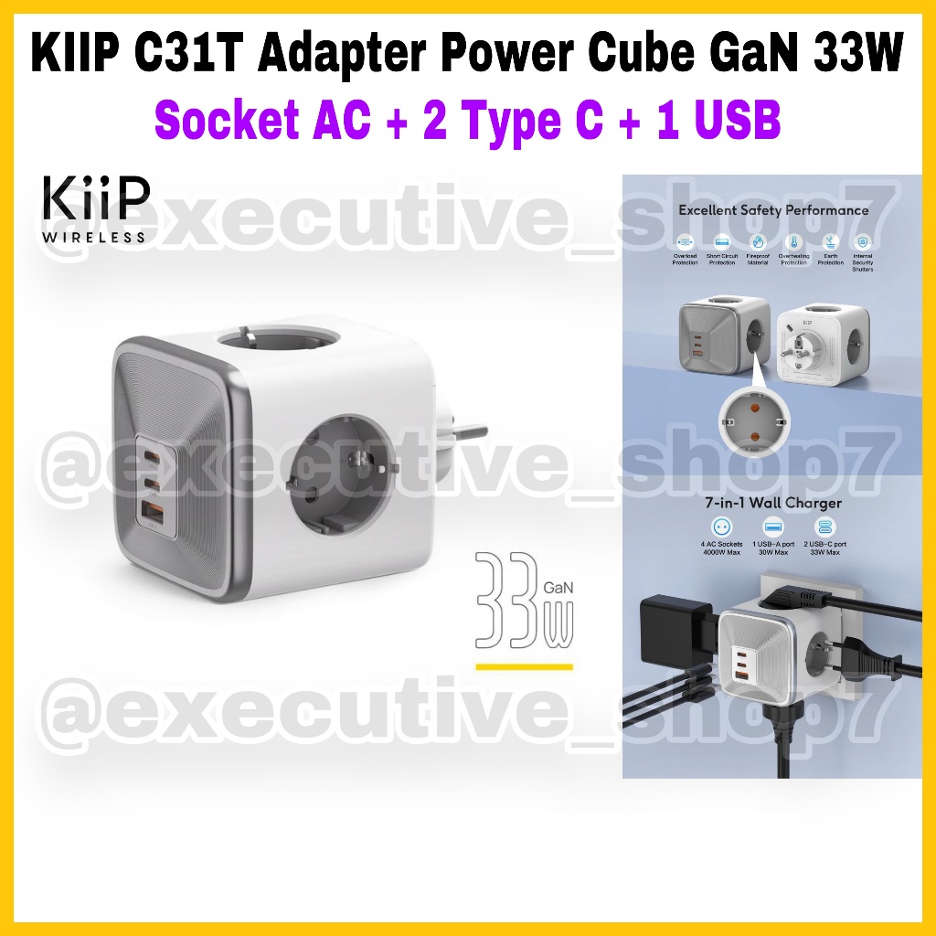 KIIP C31T Adapter Power Cube GaN 33W Socket AC + 2 Type C + 1 USB | Shopee Malaysia