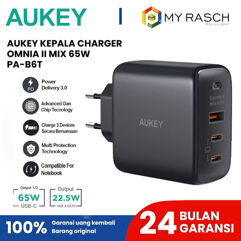 Aukey Head Charger 65W Multi Port USB Type C GaN PD 3.0 PPS Fast ...