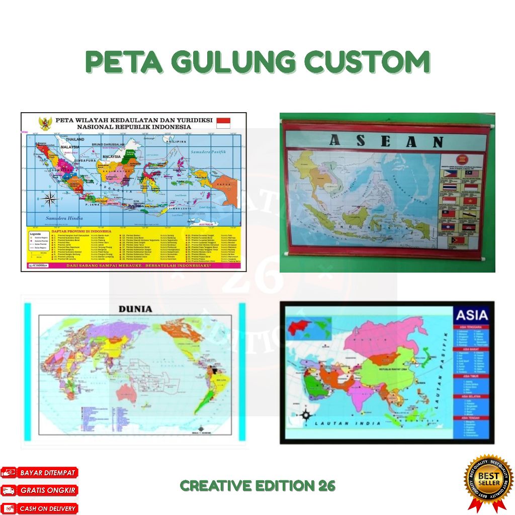 Custom Roll Map World Map Indonesian Map 38 Provincial Maps Size ...