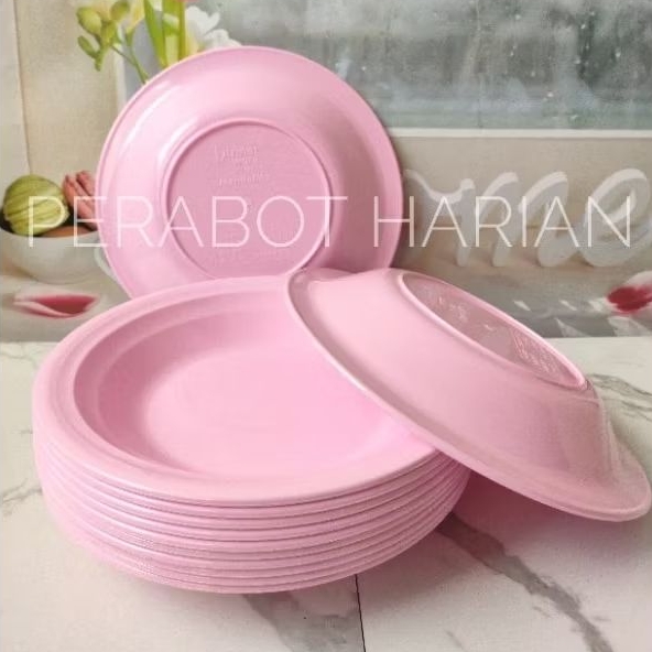 Plain pink round melamine plate 9 inch 23 cm with carved threads and ...