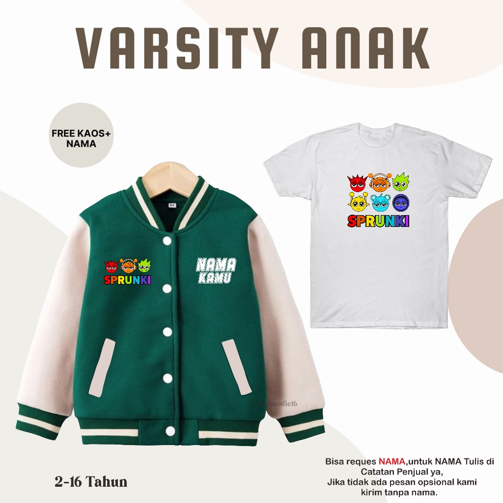 Sprunki Children's Varsity Jacket Boys Girls Ages 2-16 Years Free T ...