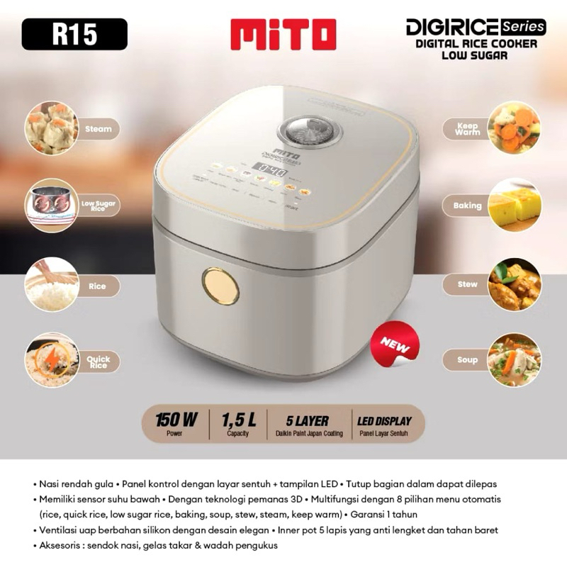 Mitochiba - RICE COOKER LOW SUGAR 1.5 LITER DIGITAL R15 | Shopee Malaysia