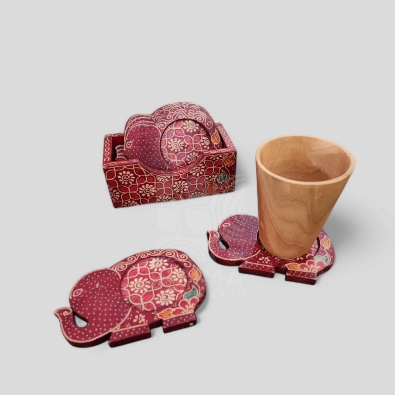 KAYU Elephant Coaster Set, Wooden Batik Glass Coasters by Typical Jogja ...