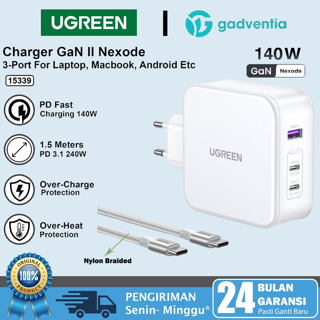 Ugreen Set Nexode Charger Adapter + GaN Cable 3 USB Output Ports + Type C PD Fast Charging 140W ...