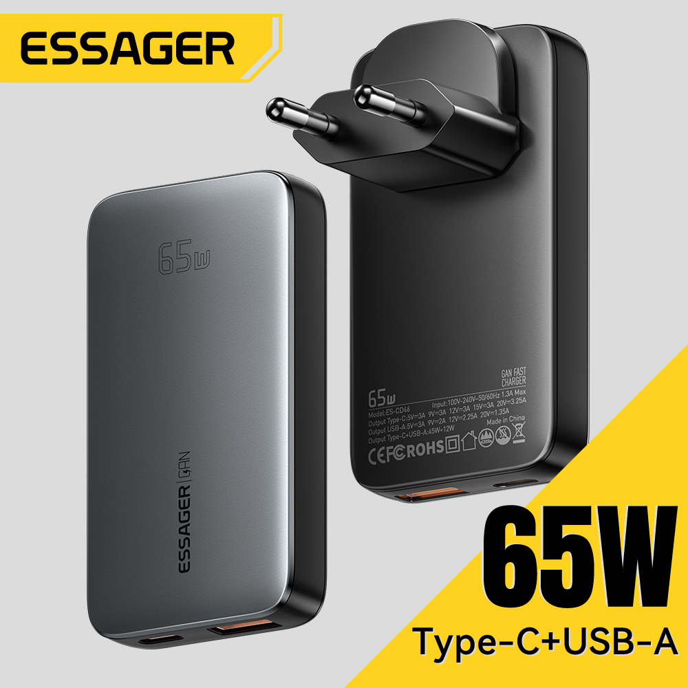 Essager Travel Charger GaN 65W Ultra Thin Fast Charging, Dual Port (Type-C + USB-A) | Shopee ...