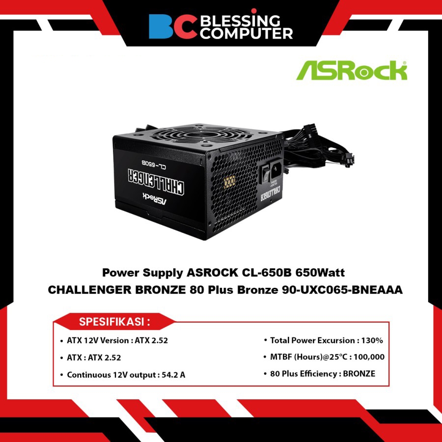 Power Supply ASROCK CL-650B 650Watt CHALLENGER BRONZE 80 Plus Bronze 90-UAXC065-BNE | Shopee ...
