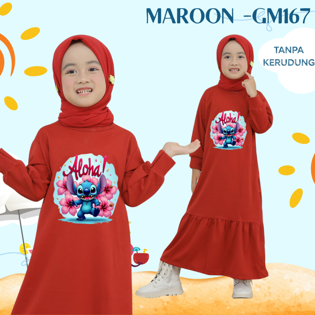 GM167 - Coandcow Muslim Dress for Girls Stitchh Alien biru Ages 1 to 12 ...