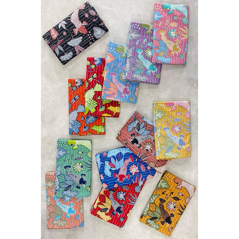 KATUN Soft cotton batik fabric with lotus flower fish motif, plain doby ...