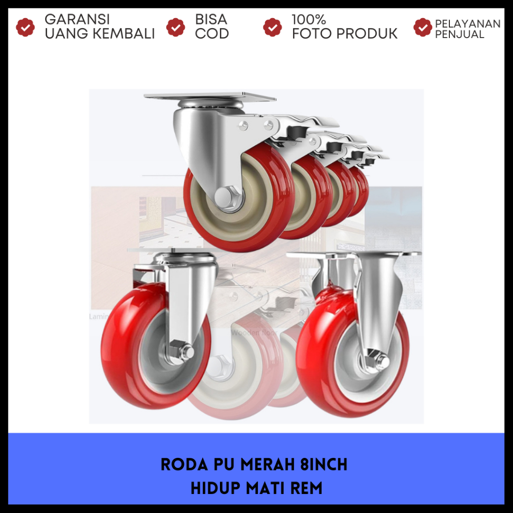 MERAH Red TROLY PU WHEELS CASTER SWIVEL HEAVY DUTY 8INCH 500KG BRAKES ...