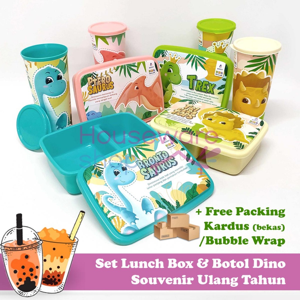 [BUNDLING] Lunch Box + Dinosaur Lid Glass - Lunch Box + Dino Drinking Box - Birthday Souvenir ...