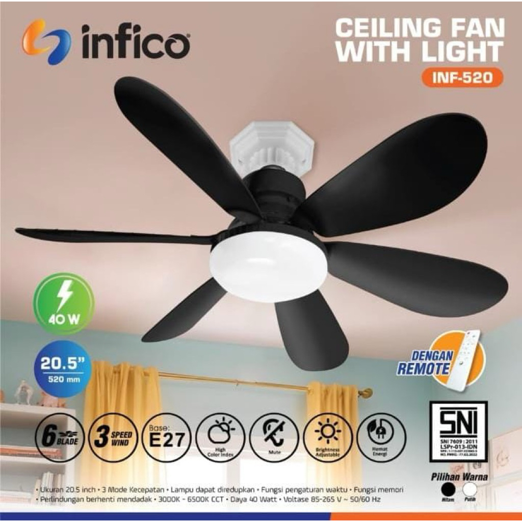 Ceiling Heli Fan + LED Light Fan INFICO INF-520 W/Remote 6 Blade 20 ...