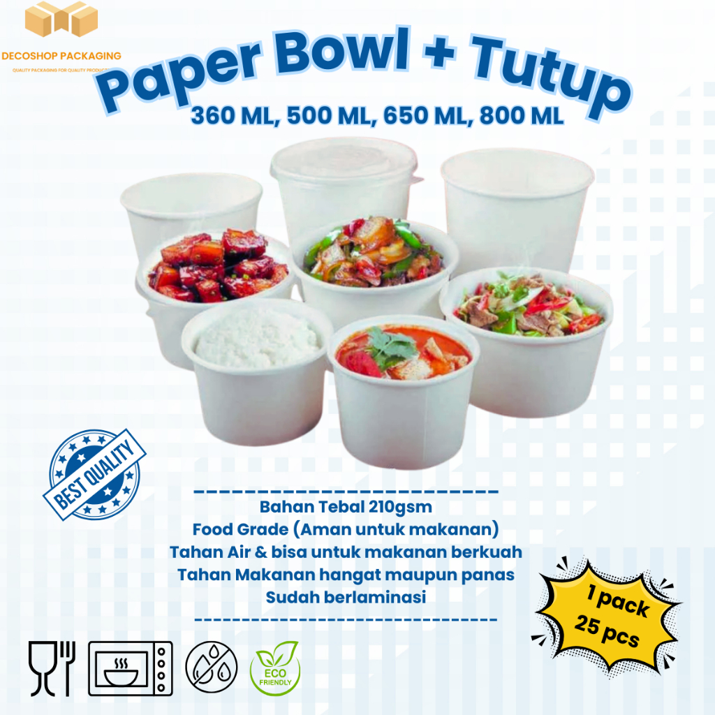 PUTIH White Paper bowl Plain Paper with Lid + Lid 500ml, Plain Paper ...