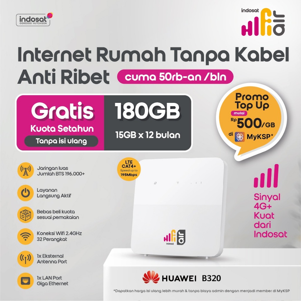 Huawei B320 Hifi Air Indosat WiFi Modem Wireless Router 4G CPE LTE Free Quota 180GB | Shopee ...