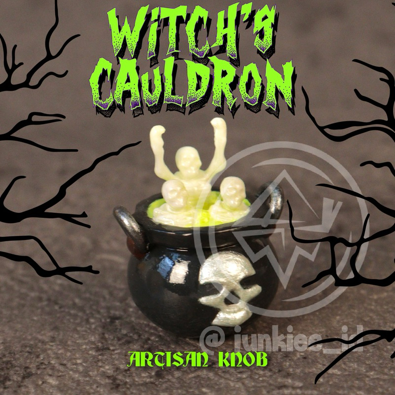 Witch artisan knobs sketletons in a witch cauldron knob for mechanical ...