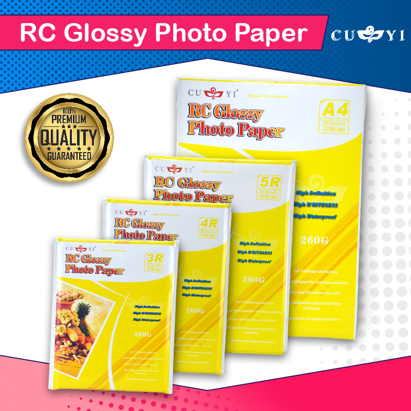 CUYI RC 260Gsm High Glossy Photo Paper Size A4 / 3R / 4R / 5R (20 ...