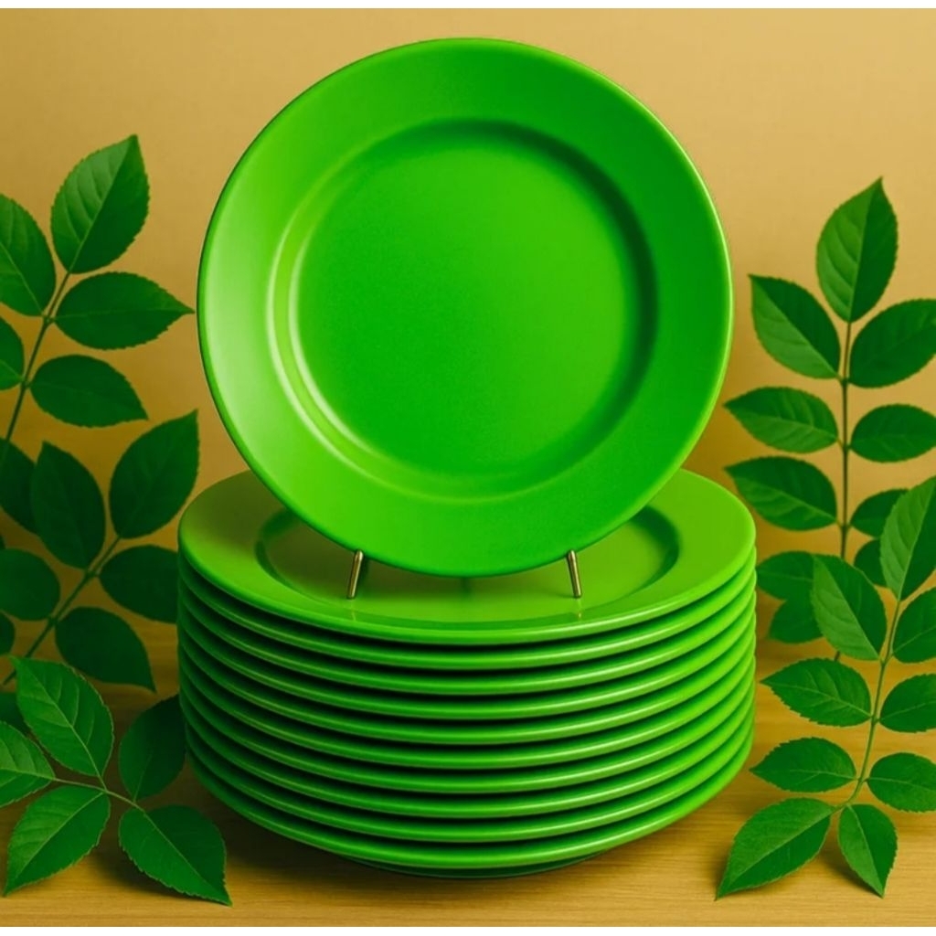 HIJAU 12 PCS GREEN MELAMIN DINNER PLATES SIZE 9 INCH FOOD GRADE (SNI ...