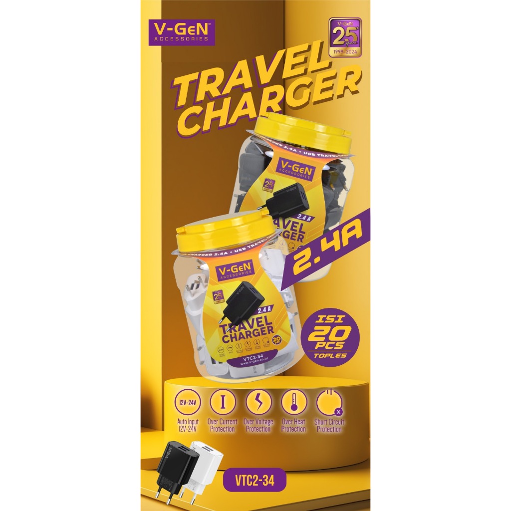 V-gen VTC2-34 2.4A Travel Charger Adapter 2 USB Ports 1 Jar contains 20 ...