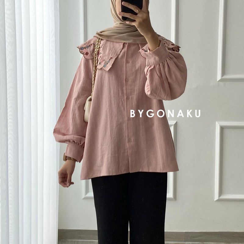 KEMEJA [GONAKU] Sonya Collar Shirt Embroidery Top Linen Embroidery ...
