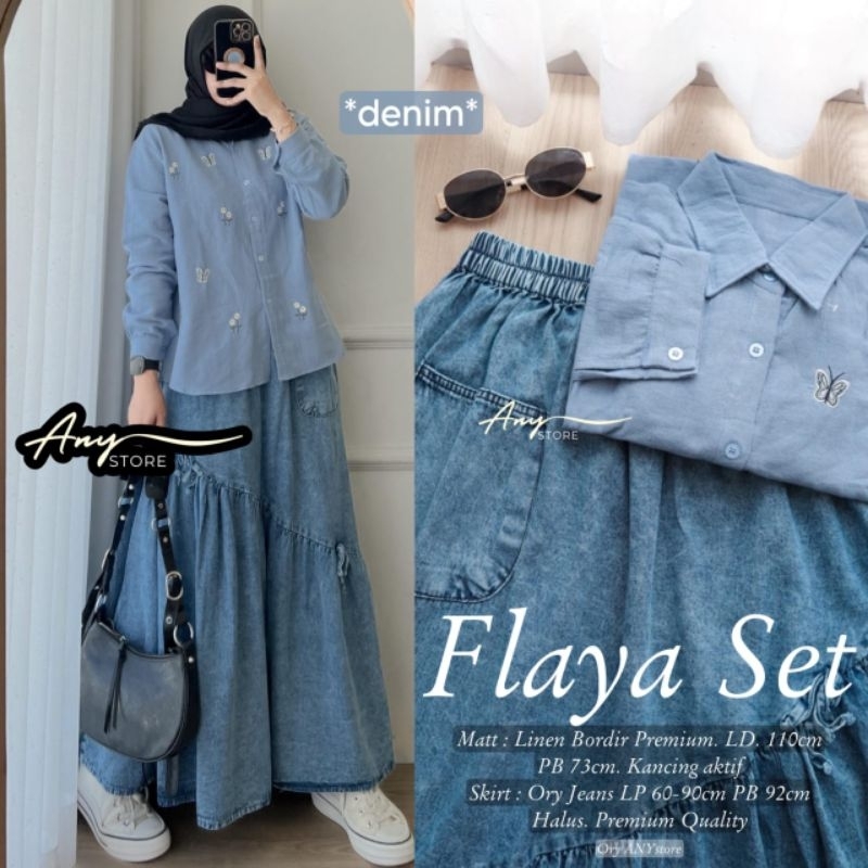 Flaya Set Jeans Mix Linen Embroidery ( Any) | Shopee Malaysia