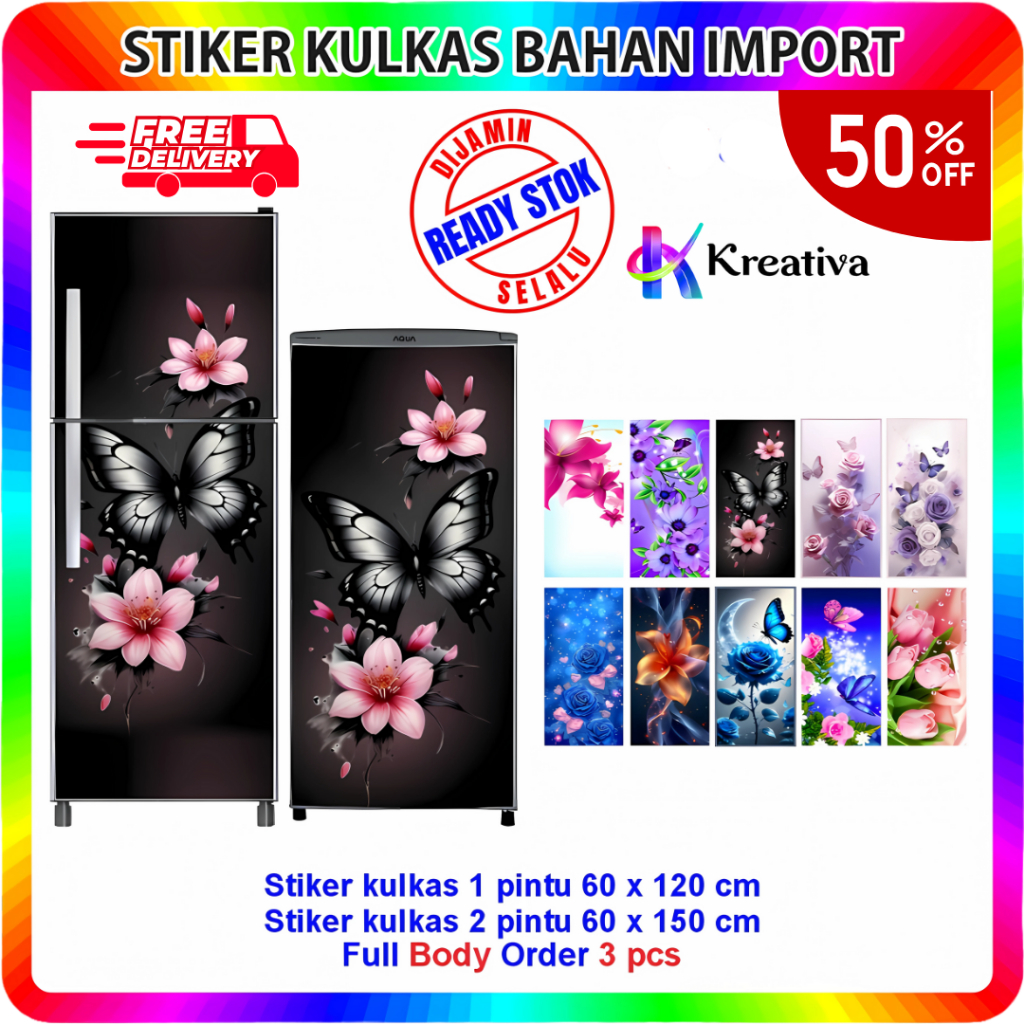 1 Door and 2 Door Refrigerator Stickers with 4 Floral Motifs / 1 Door ...
