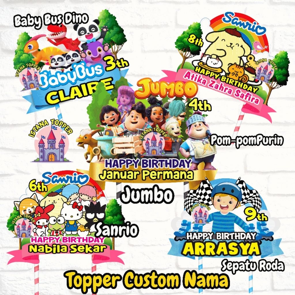 CUSTOM Cake Topper Theme Jumbo, Sanrio, Pom Pom Purin, BabyBus Dino ...