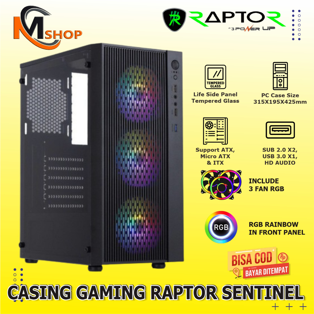 Pc Computer Gaming Case Power Up Raptor Sentinel Mid Tower ATX With 3 ...