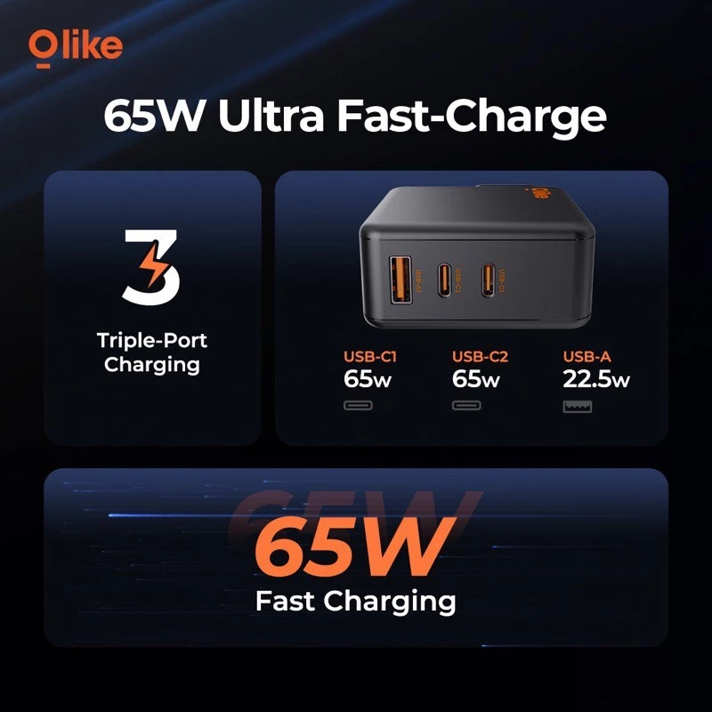 Olike GaN2 Charger Head 65W 3 Output Ports (2 Type-C & 1 USB-A) Shell ...