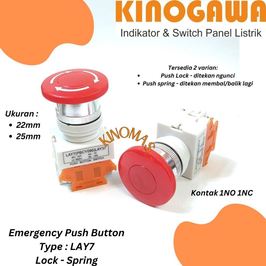 Emergency Push Button 22mm - 25mm LAY7 1NO 1NC Spring Lock - Kinagawa ...