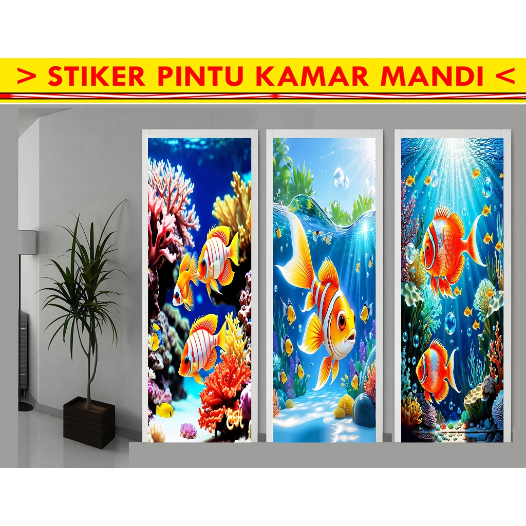 TOILET DOOR STICKERS, WC DOOR STICKERS, FISH MOTIF BATHROOM DOOR ...